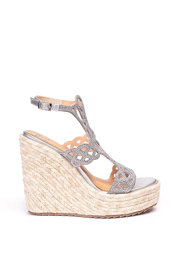 Silver Leather Embellished Wedges Design by STILISTA at Pernia's Pop Up ...