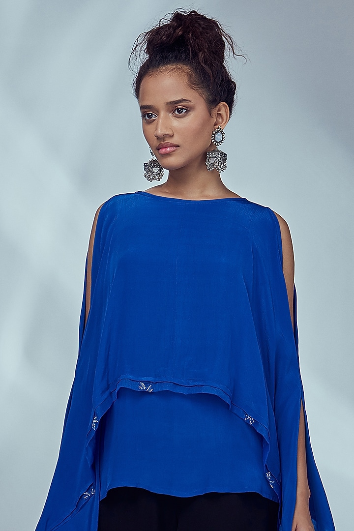 Cobalt Blue Organza Cold-Shoulder Top by Style Junkiie at Pernia's Pop ...