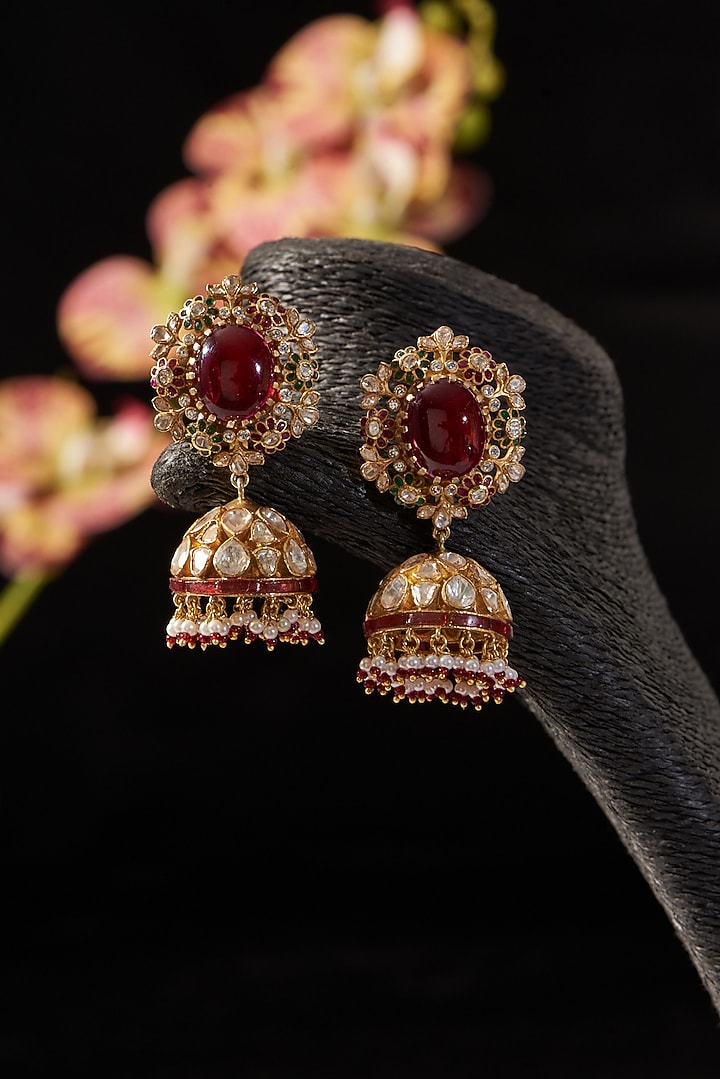 Gold Finish Ruby & Moissanite Polki Jhumka Earrings In Sterling Silver Design by STELLA ...