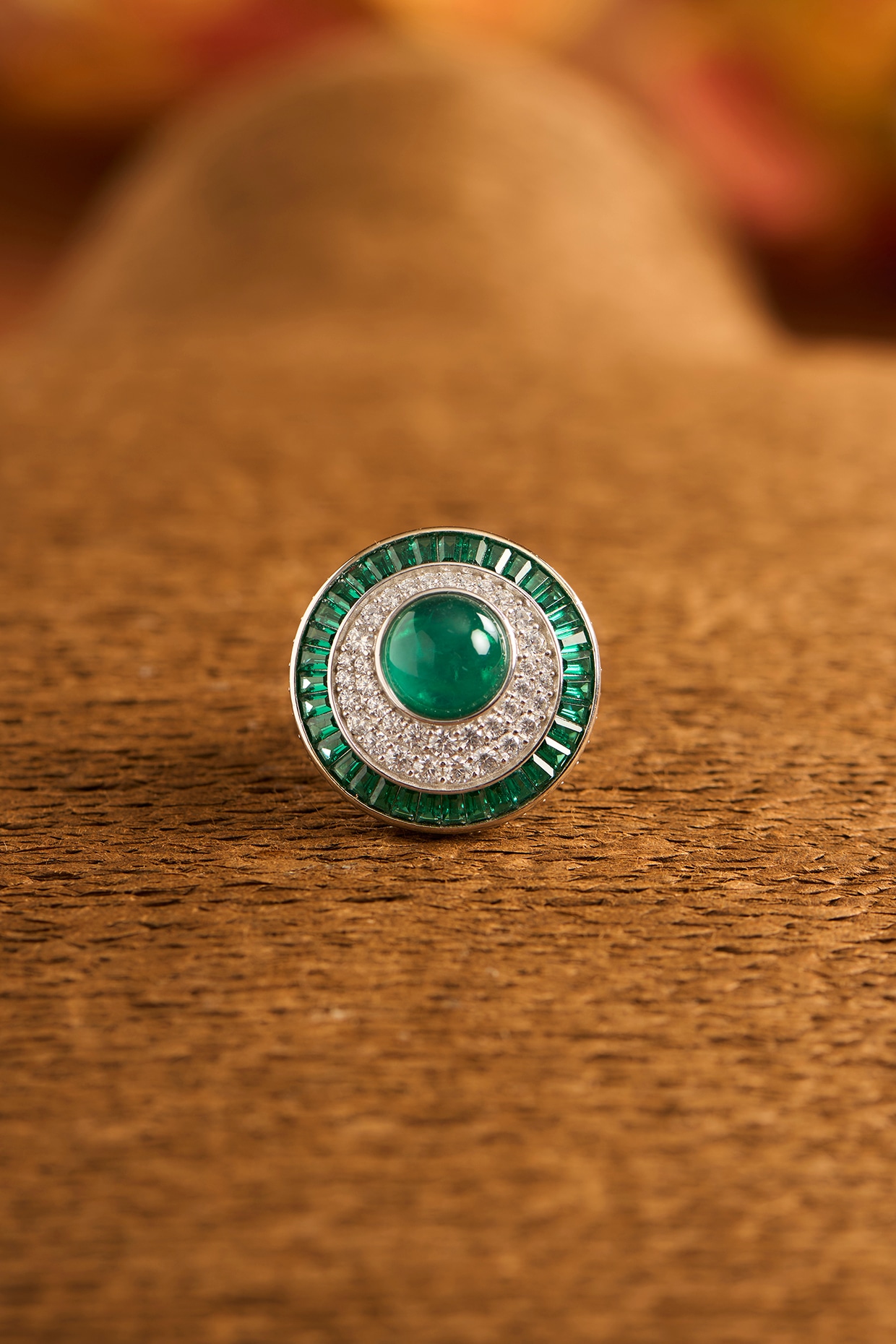 White Gold Finish Eurostar Zircon & Glass-Filled Emerald Ring In ...