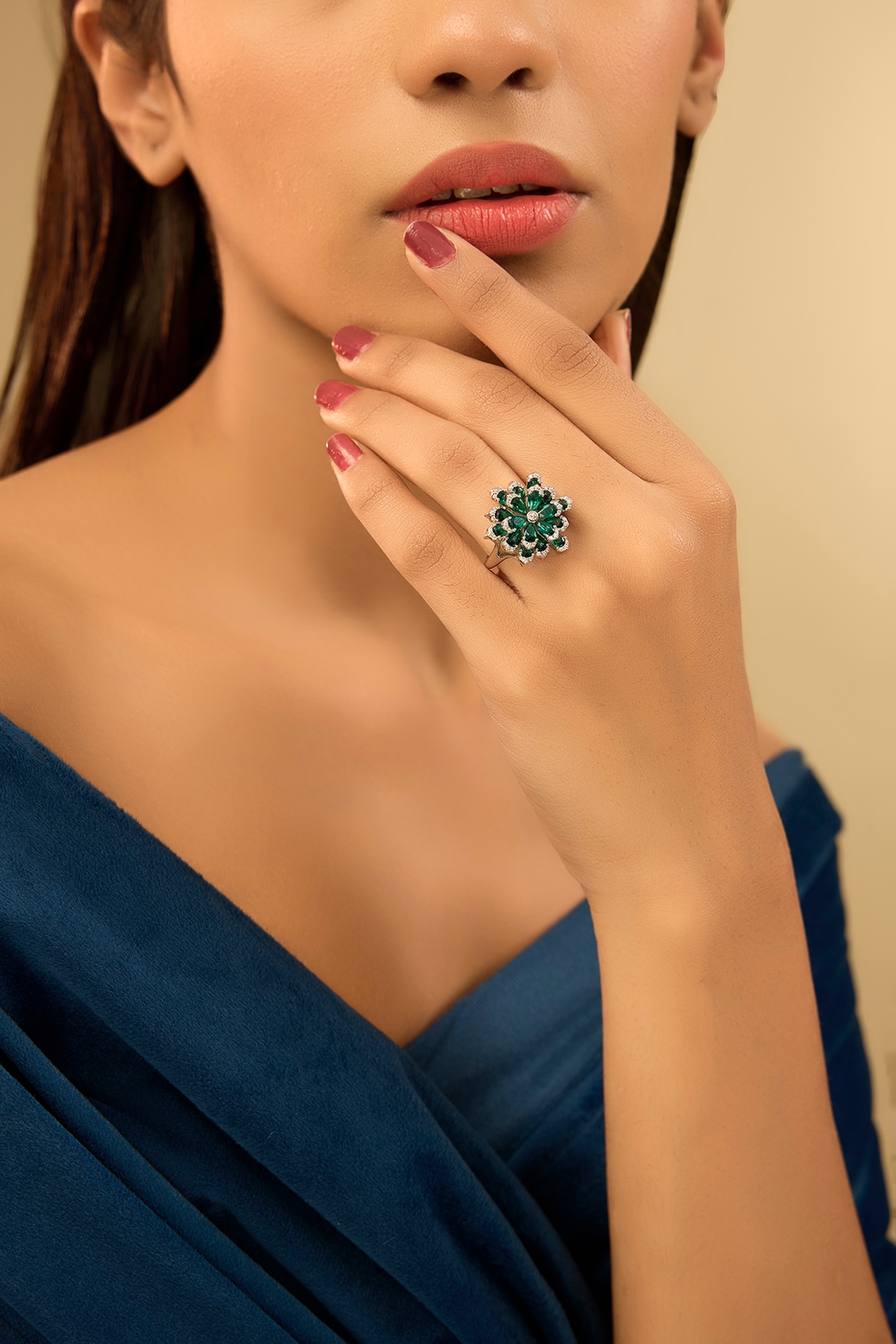 White Gold Finish Eurostar Zircon & Glass-Filled Emerald Ring In ...