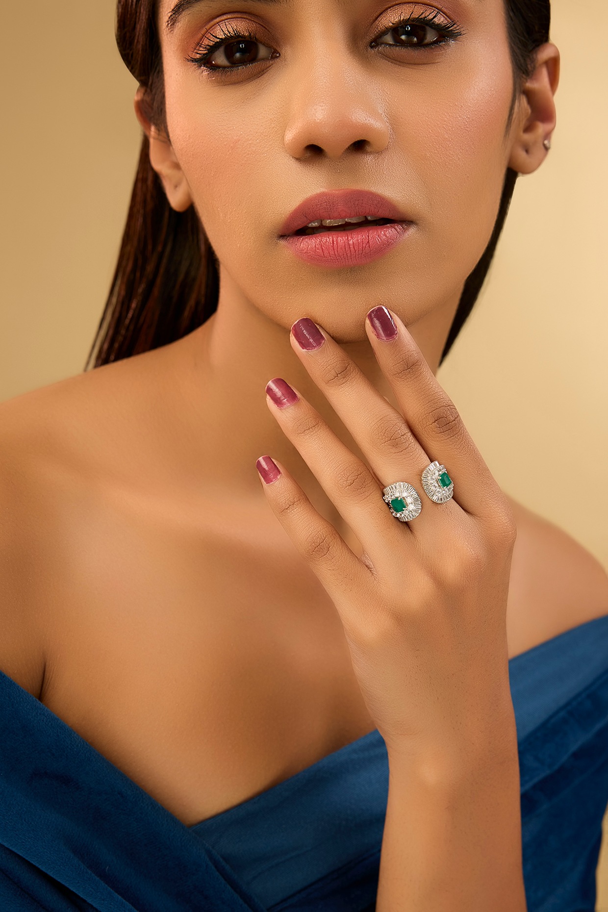 White Gold Finish Eurostar Zircon & Glass-Filled Emerald Ring In ...