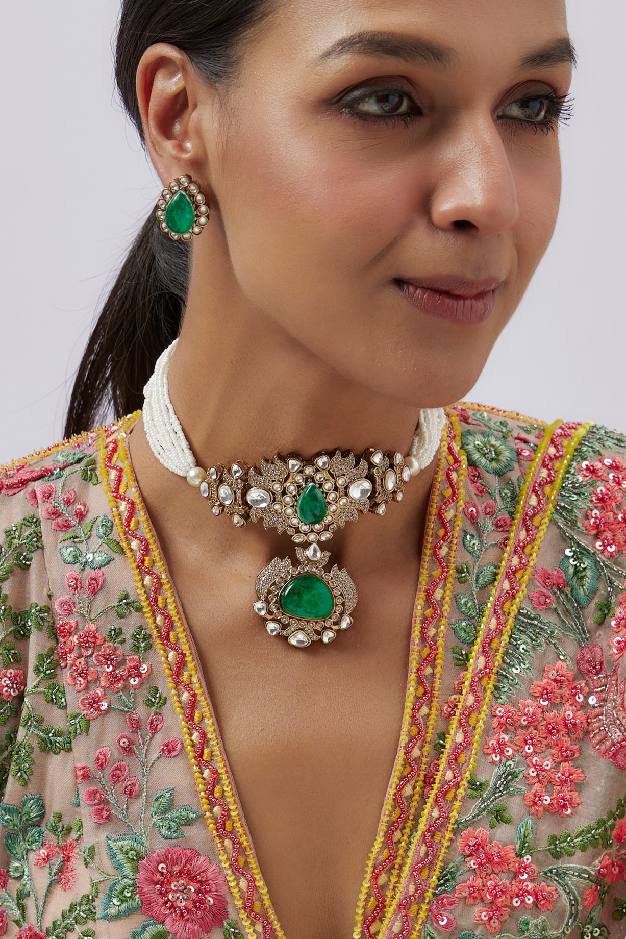 Gold Finish Kundan Polki & Green Stone Choker Necklace Set by Studio6 Jewels at Pernia's Pop Up ...