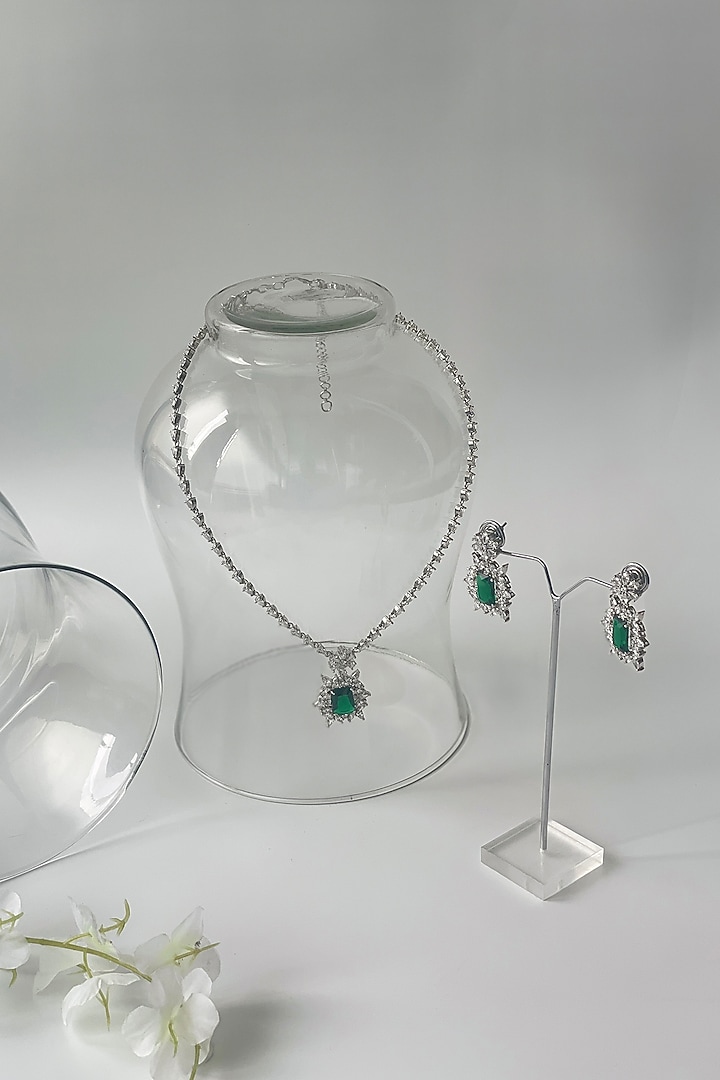 White Finish Zircon & Green Stone Long Necklace Set by Studio6 Jewels ...