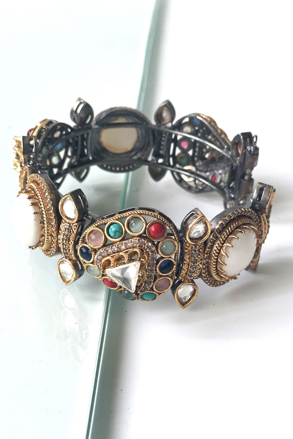 Two-Tone Finish Kundan Polki & Multi-Colored Stone Bangle by Studio6 ...