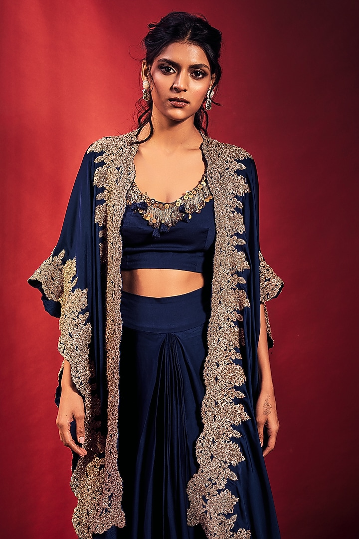 Navy Blue Magnum Satin Dori Embroidered Cape Set by Stotram at Pernia's ...