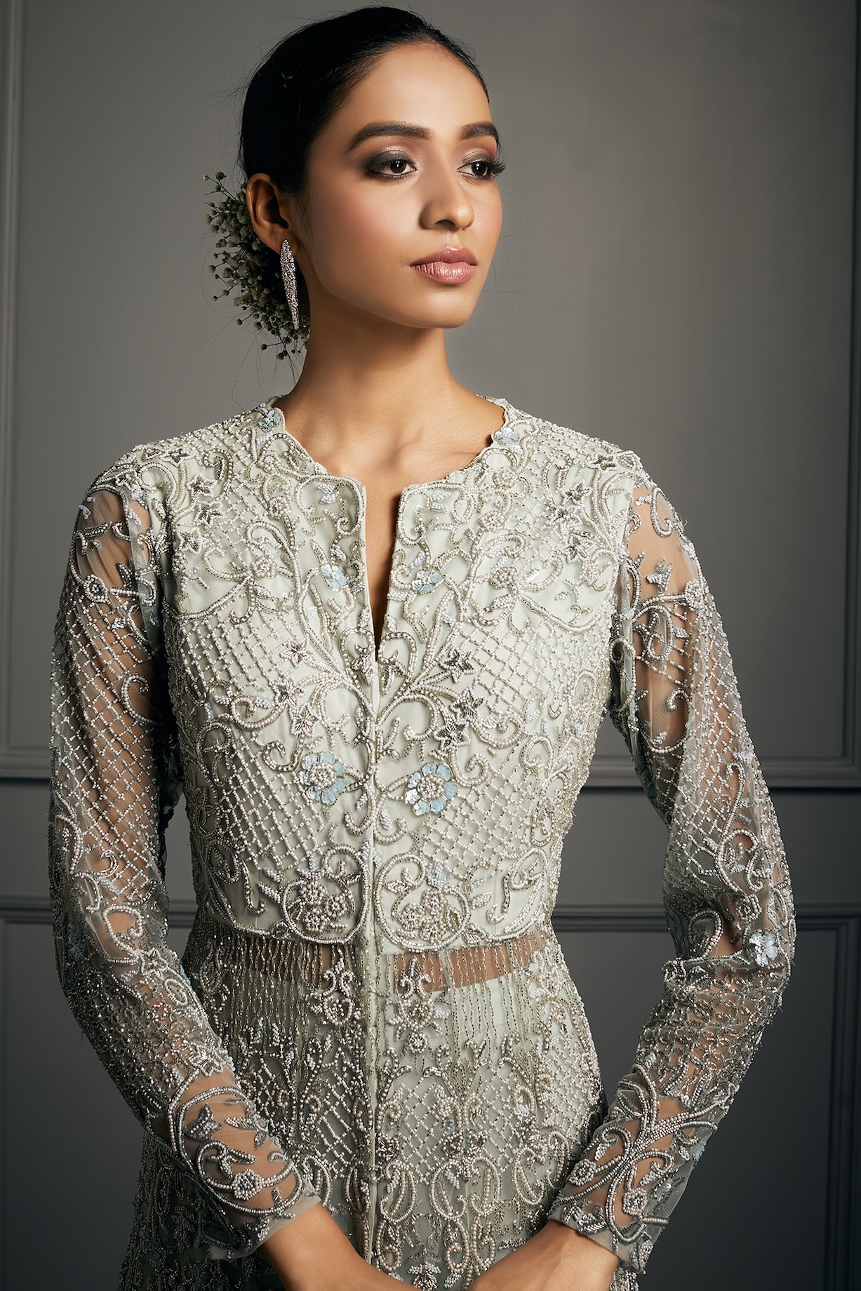 Ice Blue Embroidered Jacket Set by Stotram at Pernia's Pop Up Shop 2025