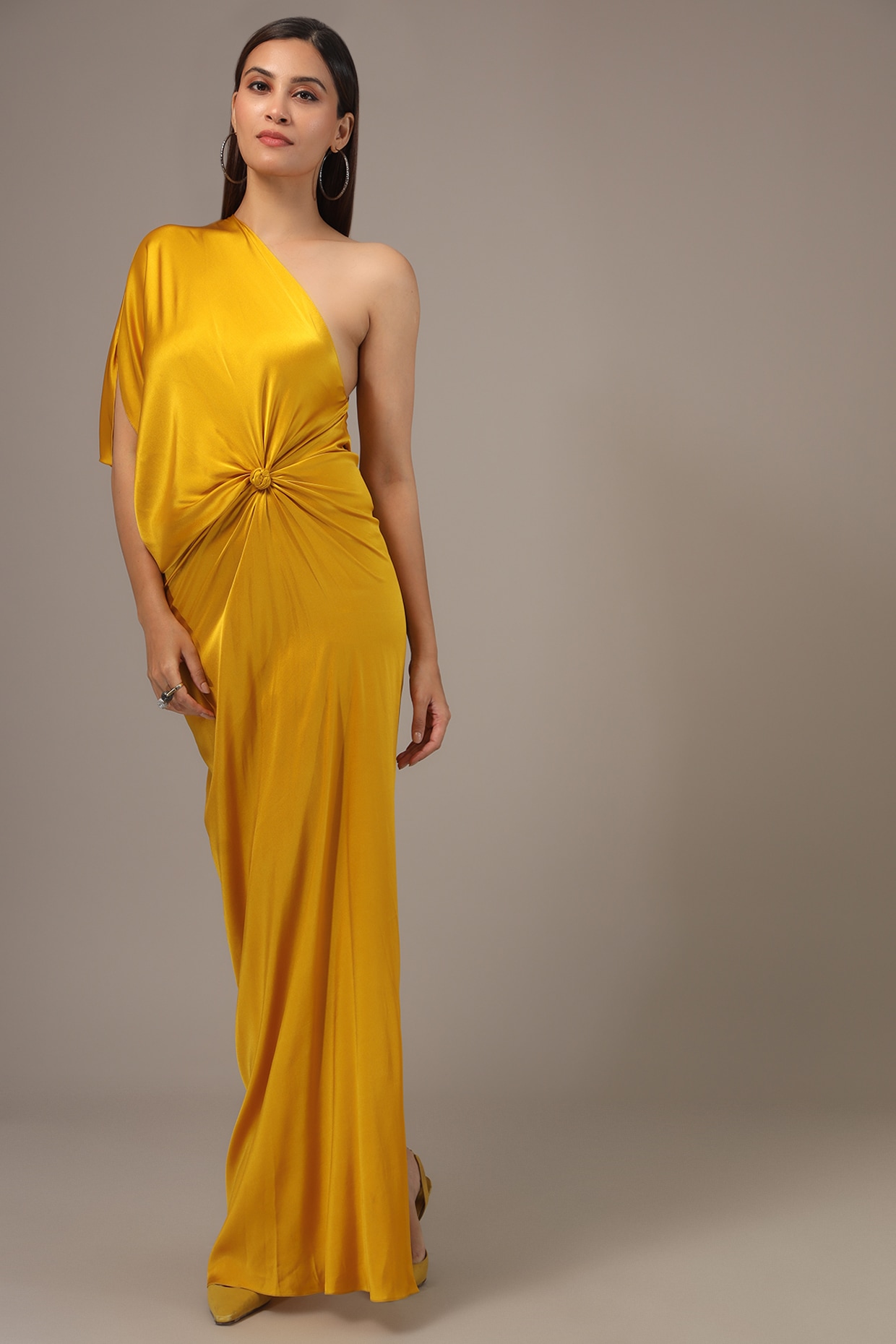 Gold Silk Lycra Satin One-Shoulder Maxi Dress by Stephany at Pernia's ...
