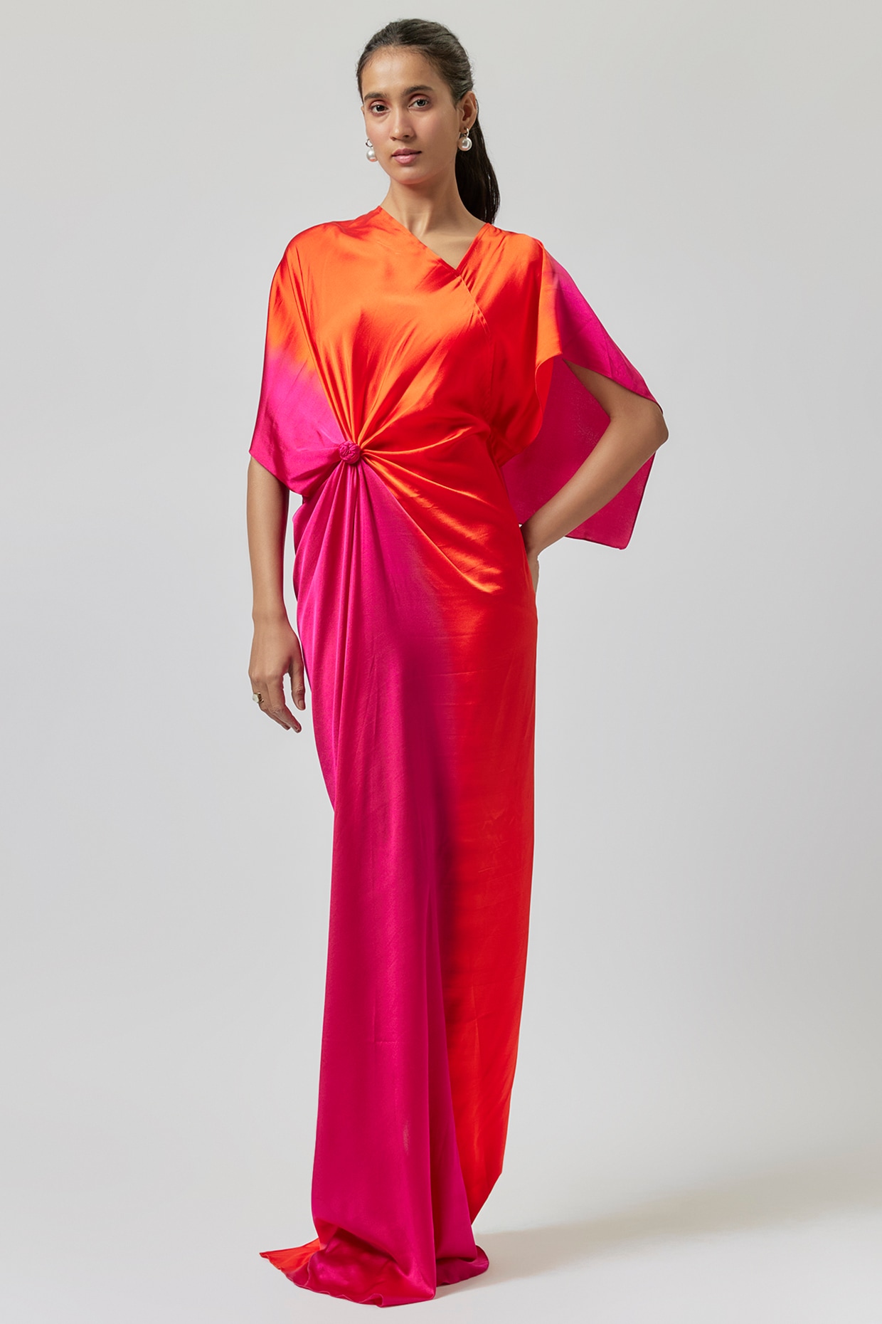 Orange Silk Lycra Satin Off-Shoulder Dress by Stephany at Pernia's Pop ...