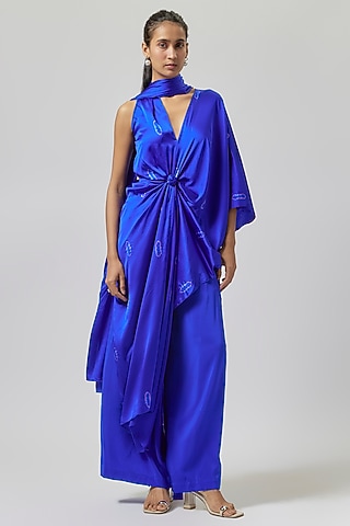 Blue Silk Lycra Satin Co-Ord Set by Stephany at Pernia's Pop Up Shop 2026