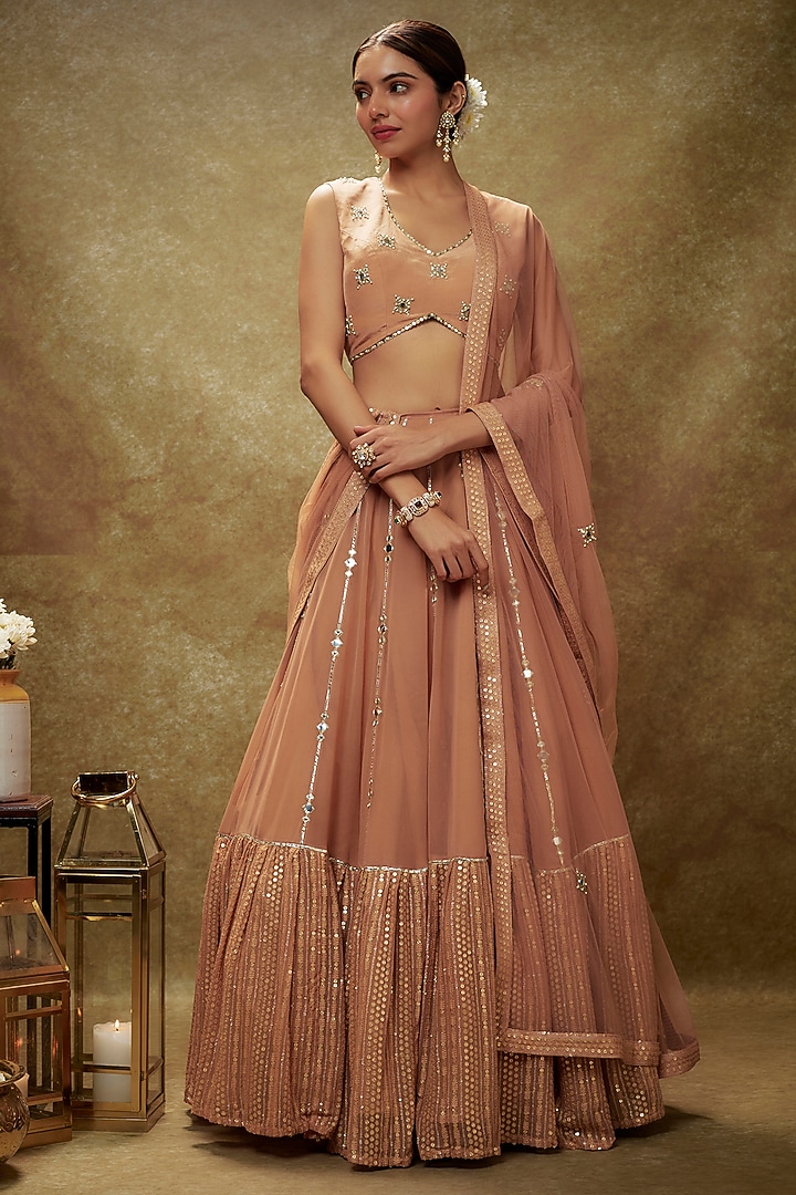 Beige Viscose Georgette Gota Embroidered Lehenga Set For Girls by Starflower by Renee Label at ...
