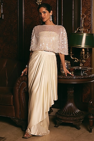 Ivory Satin Draped Skirt Set by Studio22 by Pulkita Arora Bajaj at ...