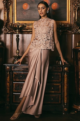 Dusty Rose Pink Satin Draped Skirt Set by Studio22 by Pulkita Arora ...