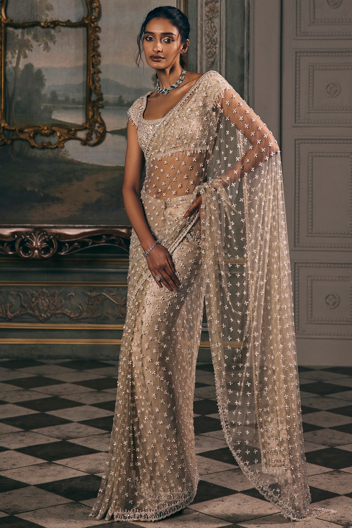 Champagne Net Sequin Hand Embroidered Pre-Stitched Reception Saree Set ...