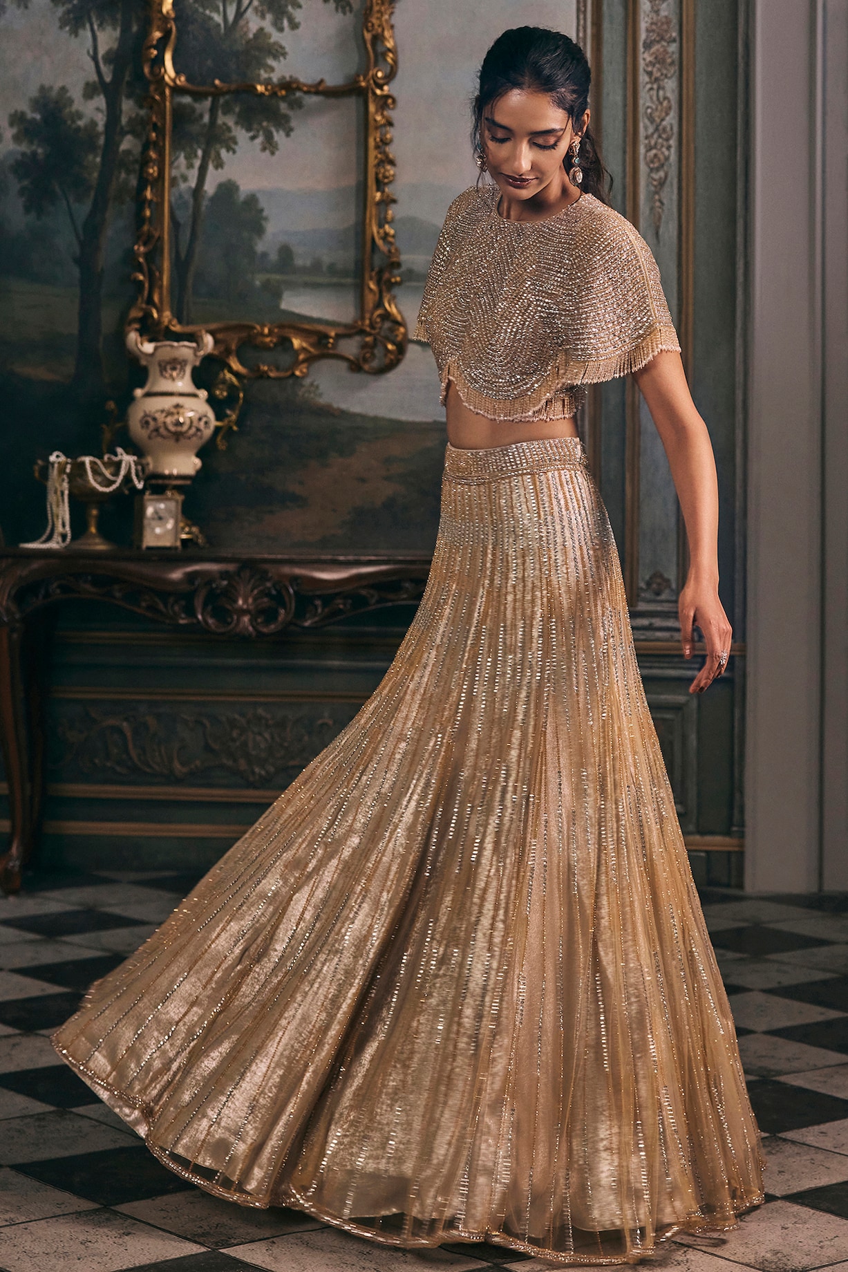 Champagne Net & Shimmer Hand Embroidered Bridal Lehenga Set by Studio22 ...