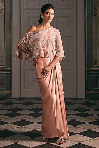 Pink Organza & Satin Blend Crystal Embroidered Cape Set by Studio22 by ...