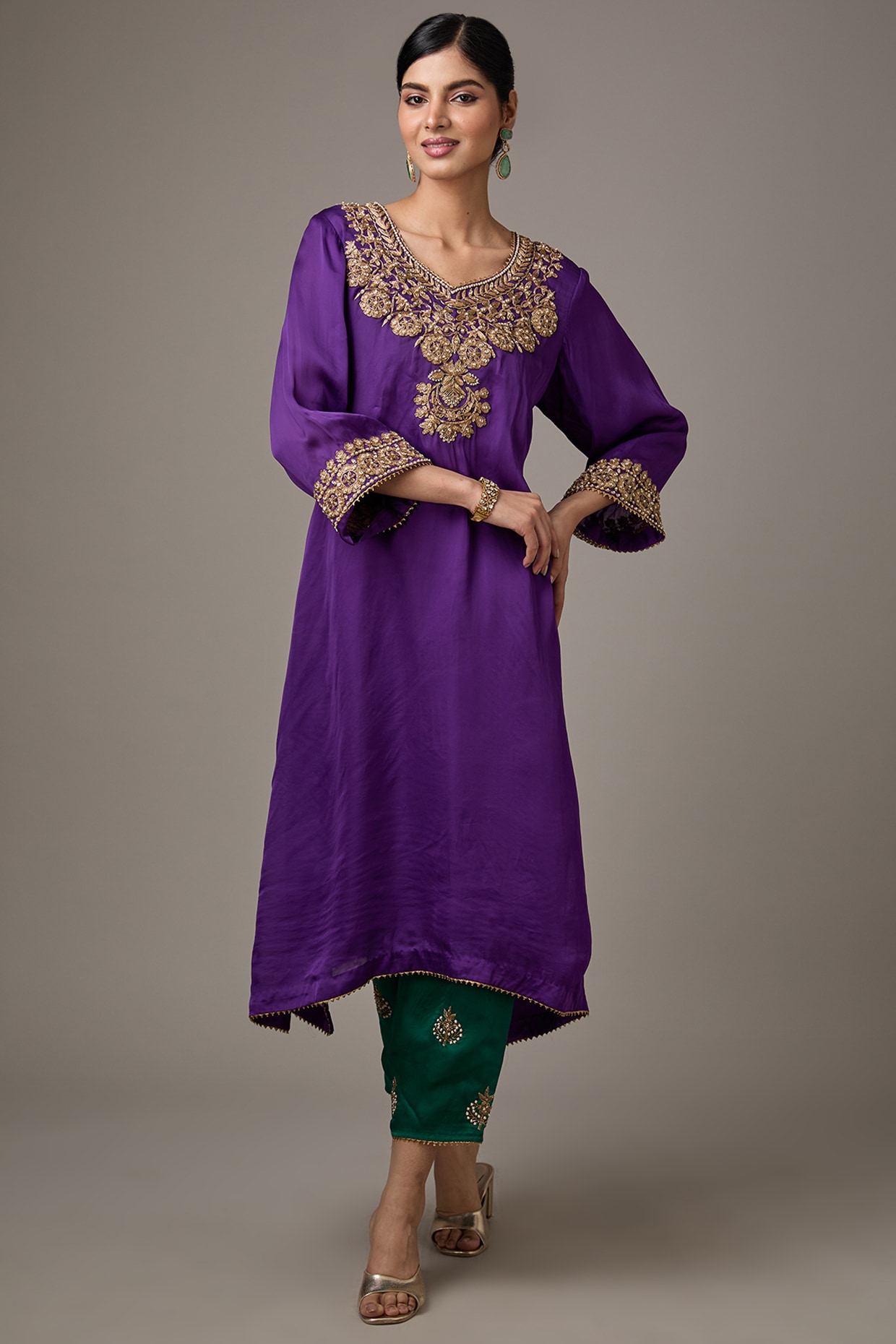 Purple Satin Organza Dori Machine Embroidered A-Line Flared Kurta Set ...