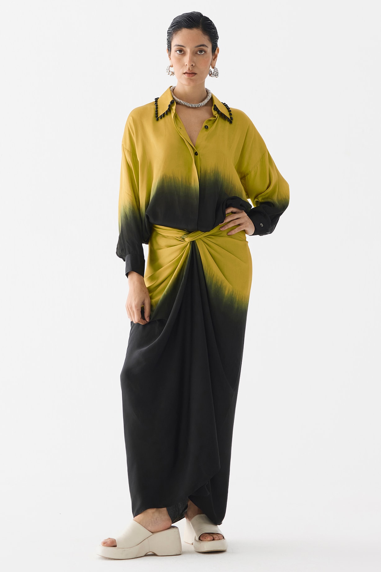 Olive Green & Black Vegan Silk Hand-Dyed Shirt Vacation Dress by Studio ...