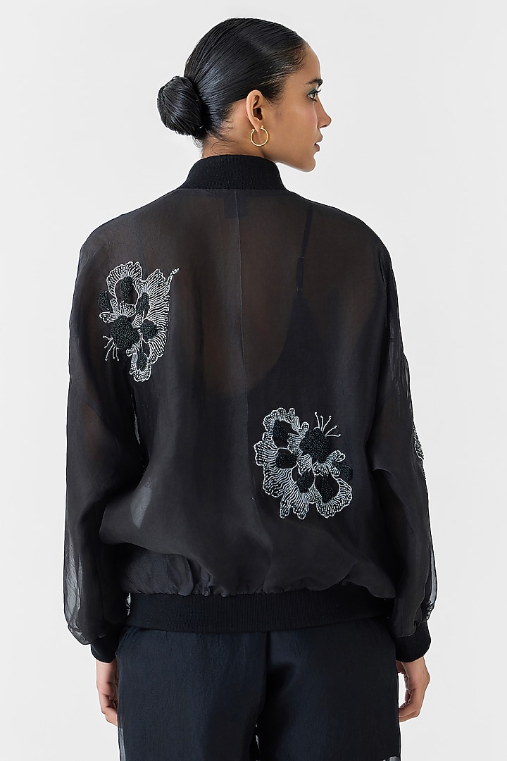 Black Organza Hand Embroidered Hand-Dyed Bomber Jacket by Studio Rigu ...