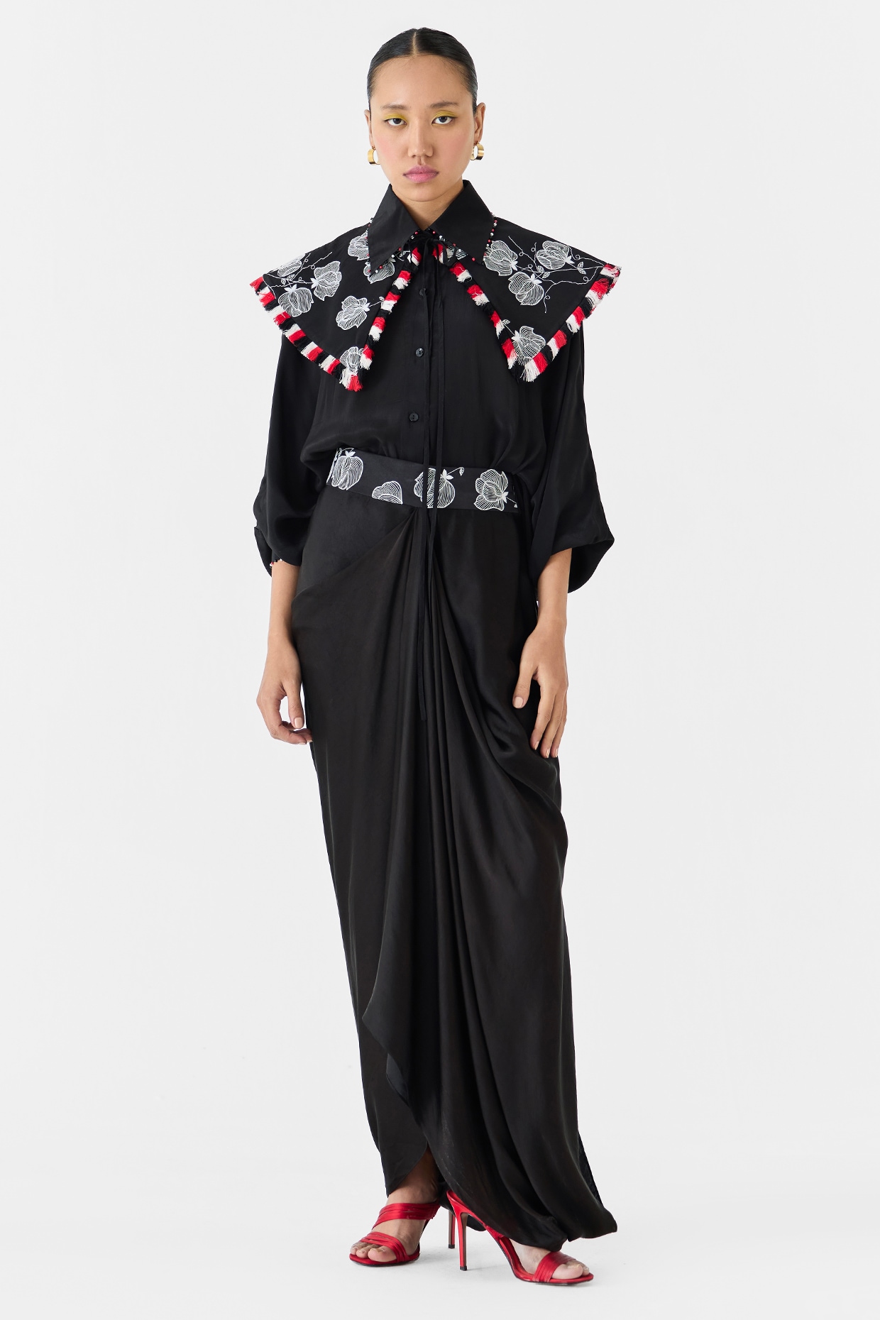 Black Vegan Embroidered Draped Skirt Set by Studio Rigu at Pernia's Pop ...