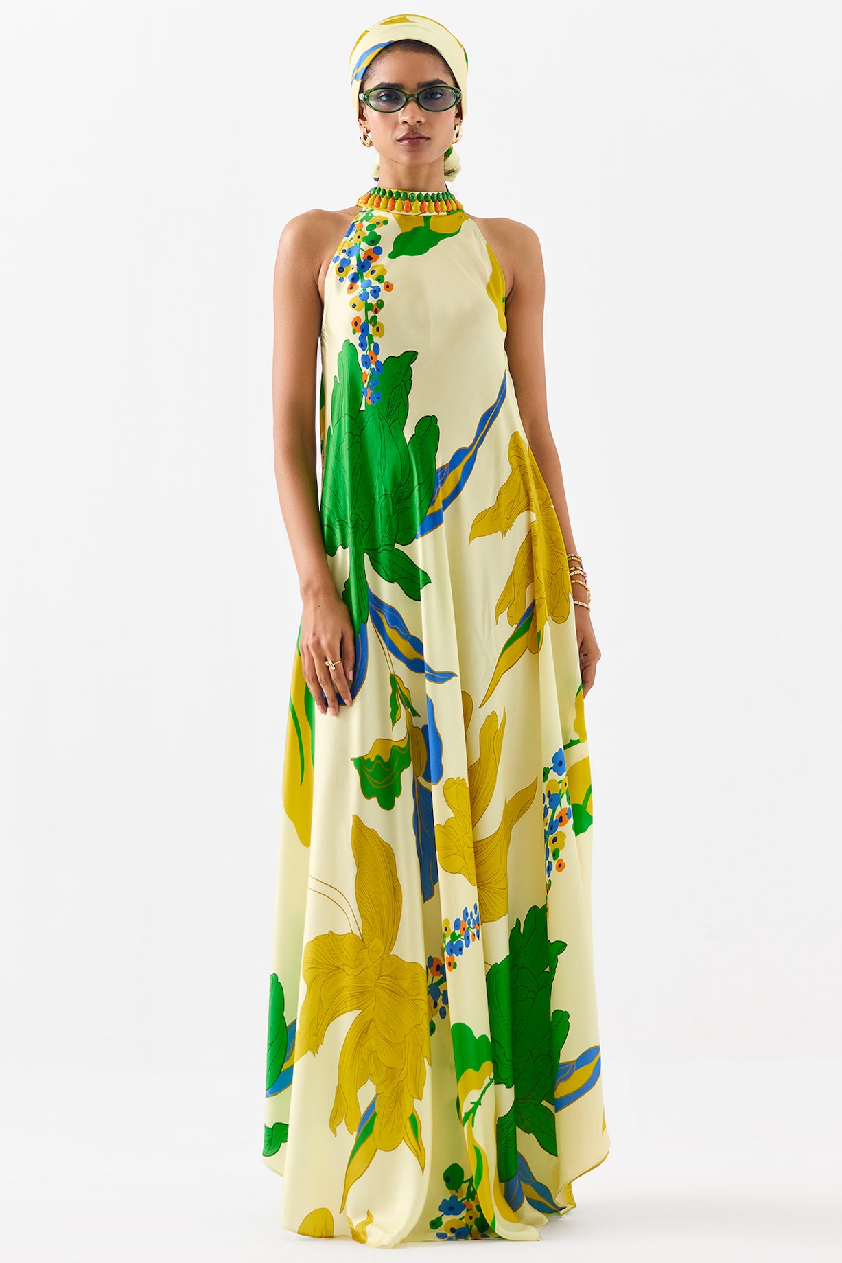 Yellow & Green Vegan Silk Digital Printed Maxi Dress by Studio Rigu at ...