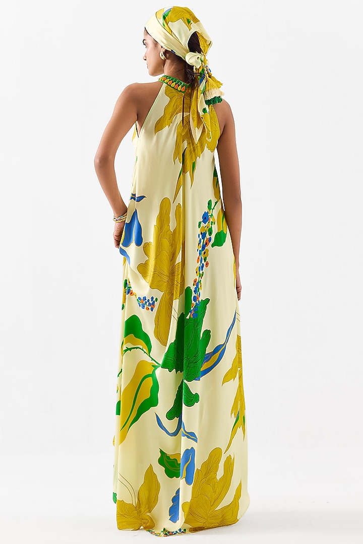 Yellow & Green Vegan Silk Digital Printed Maxi Dress by Studio Rigu at ...