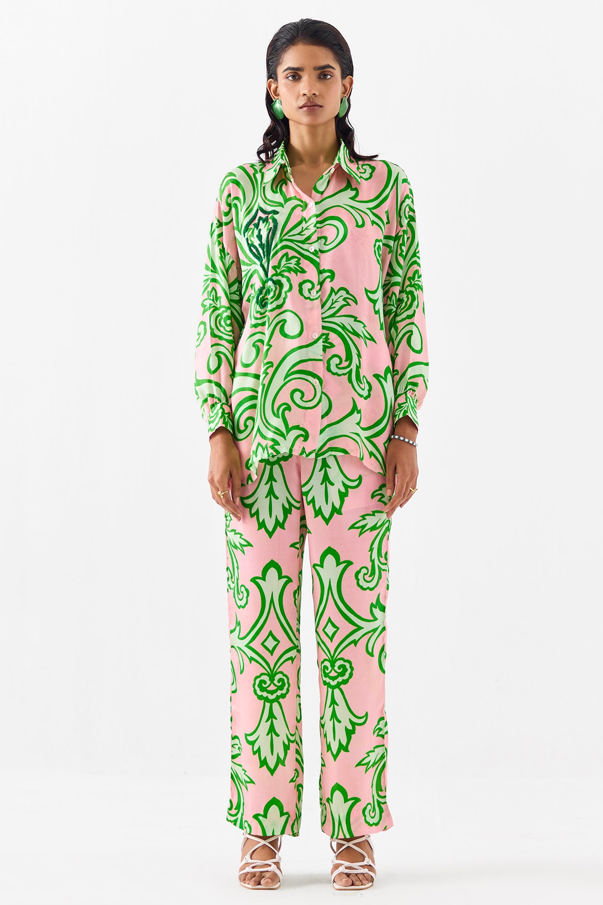 Baby Pink Vegan Silk Digital Printed Co-Ord Set by Studio Rigu at ...