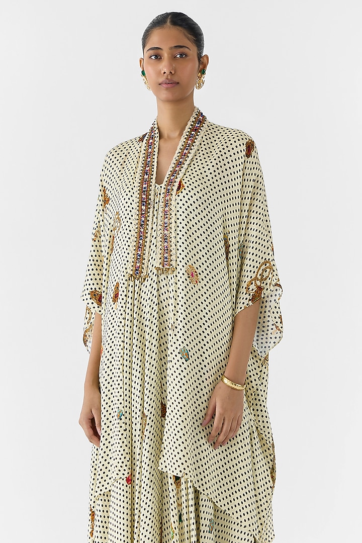 White Vegan Silk Digital Printed A-line Vacation Dress With Cape by ...