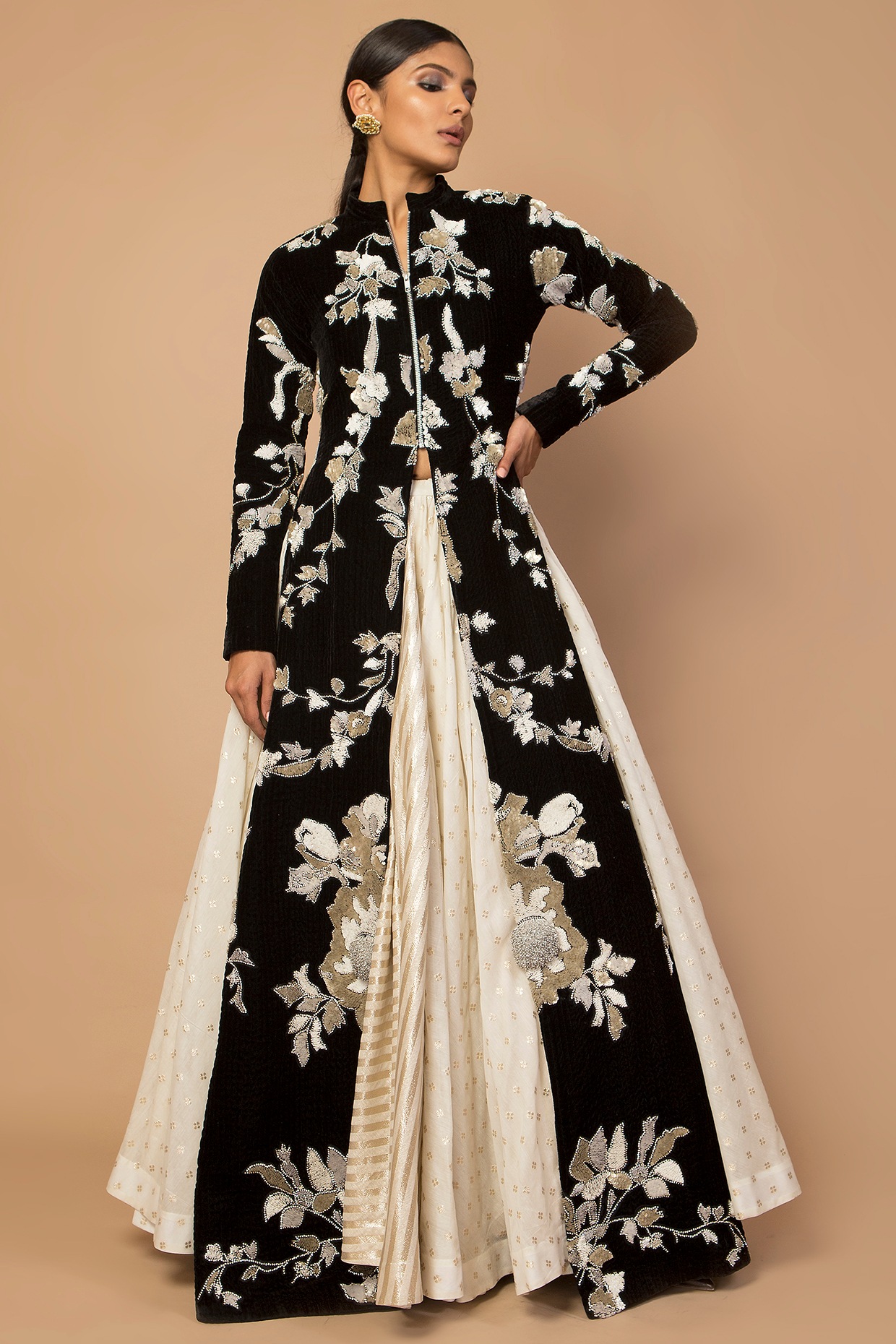 Black Embroidered Jacket With Kalidar Skirt by Siddartha Tytler at ...
