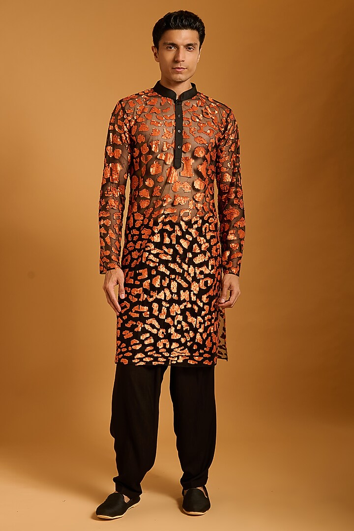 Black Net Sequins Cheetah Motif Embroidered Kurta Set by Siddartha ...