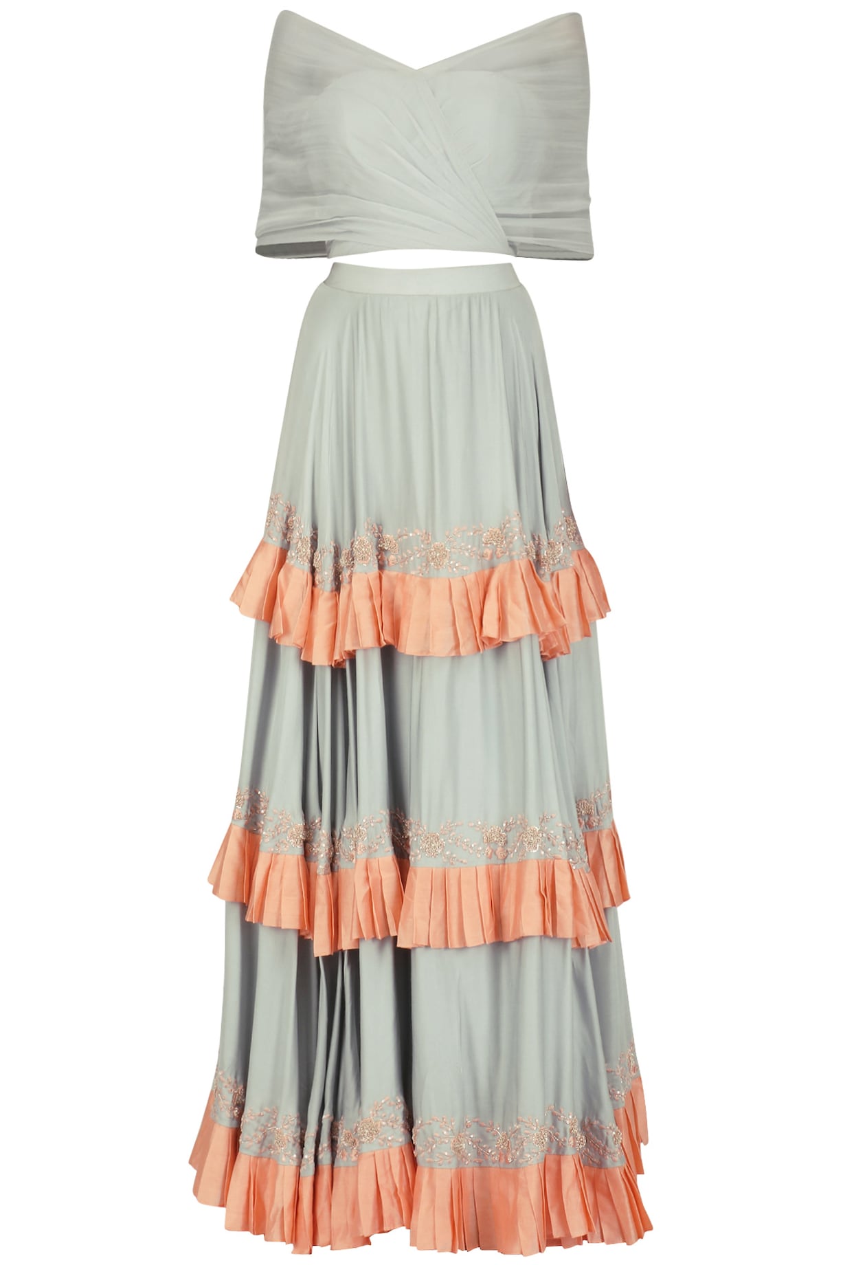 Ice blue off shoulder drape blouse and tier skirt set available only at ...