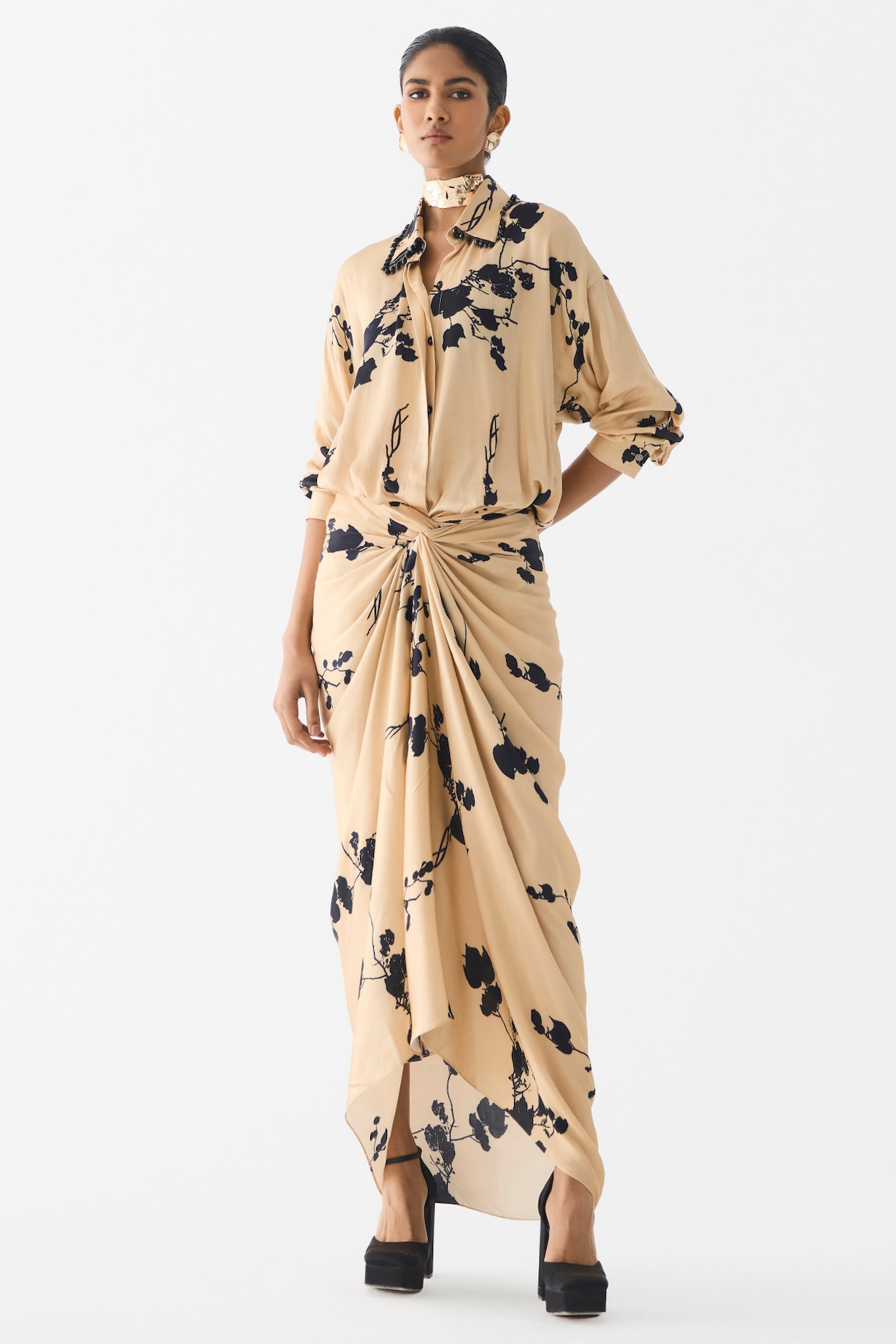 Cream Vegan Silk Floral Printed Shirt Vacation Dress by Studio Rigu at ...