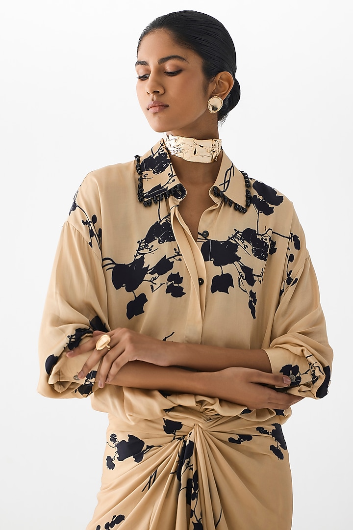 Cream Vegan Silk Floral Printed Shirt Vacation Dress by Studio Rigu at ...