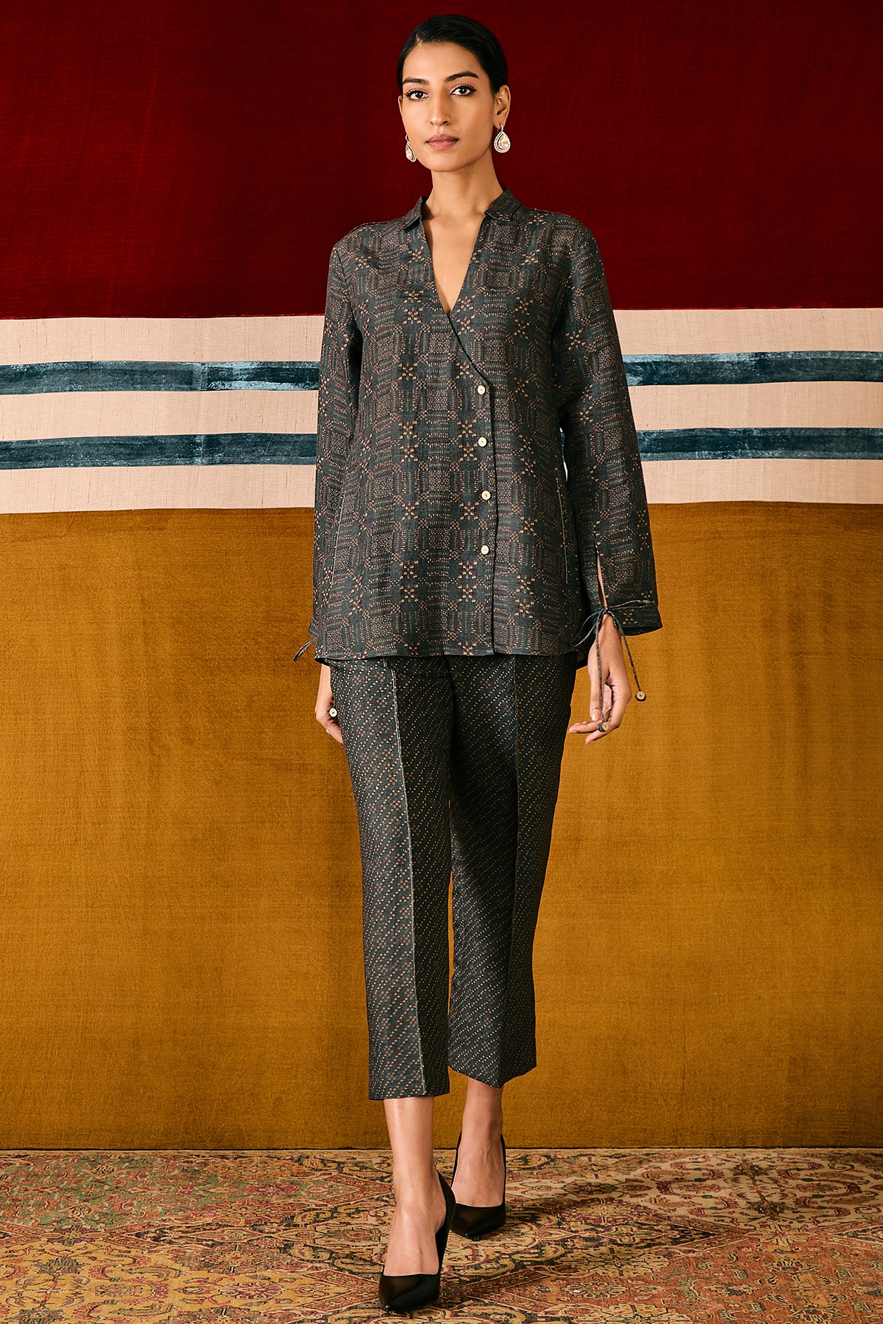 Jungle Green Linen Geometric Printed Co-Ord Set by Sue Mue at Pernia's ...