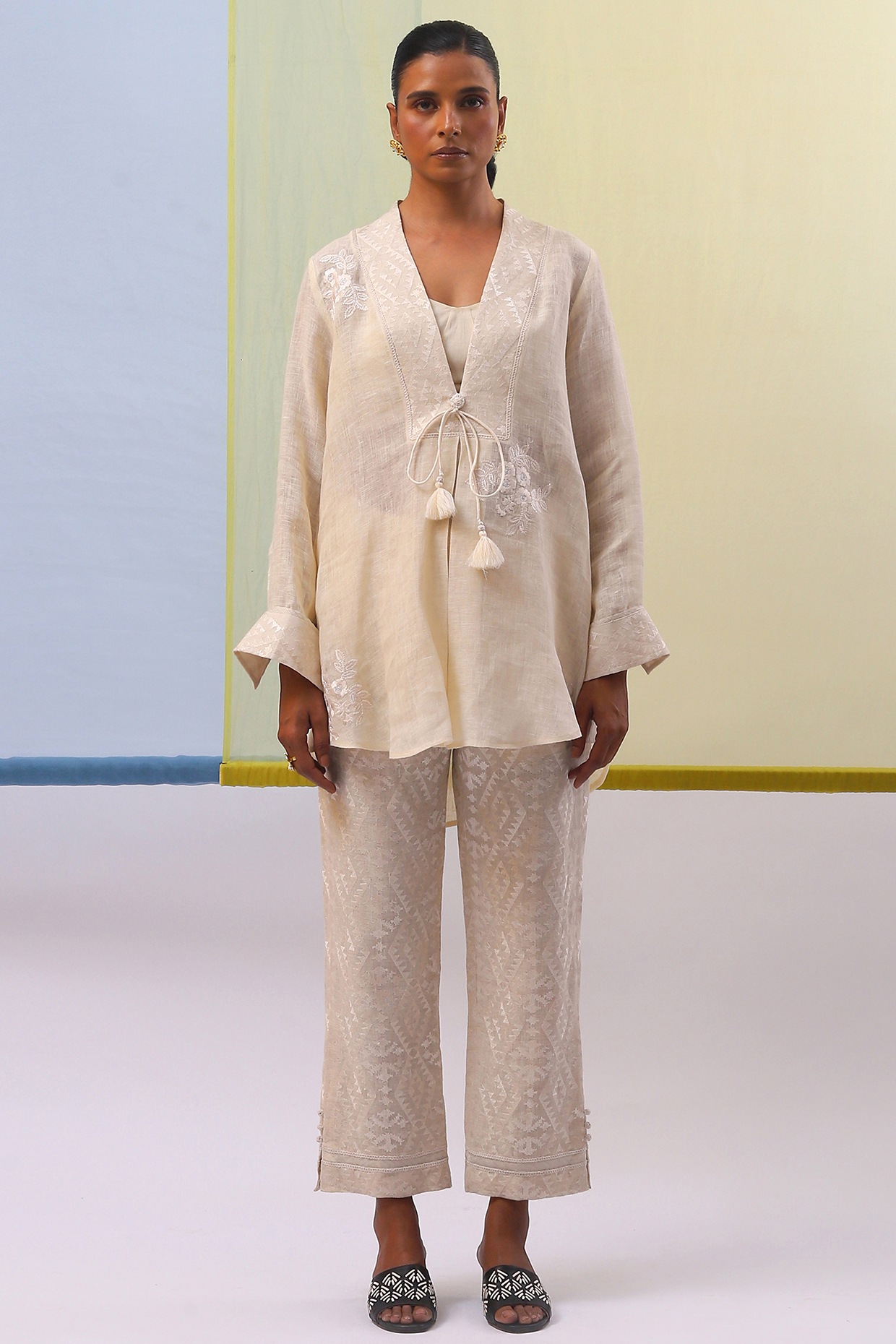 Beige Pure Linen Embroidered Co-Ord Set by Sue Mue at Pernia's Pop Up ...