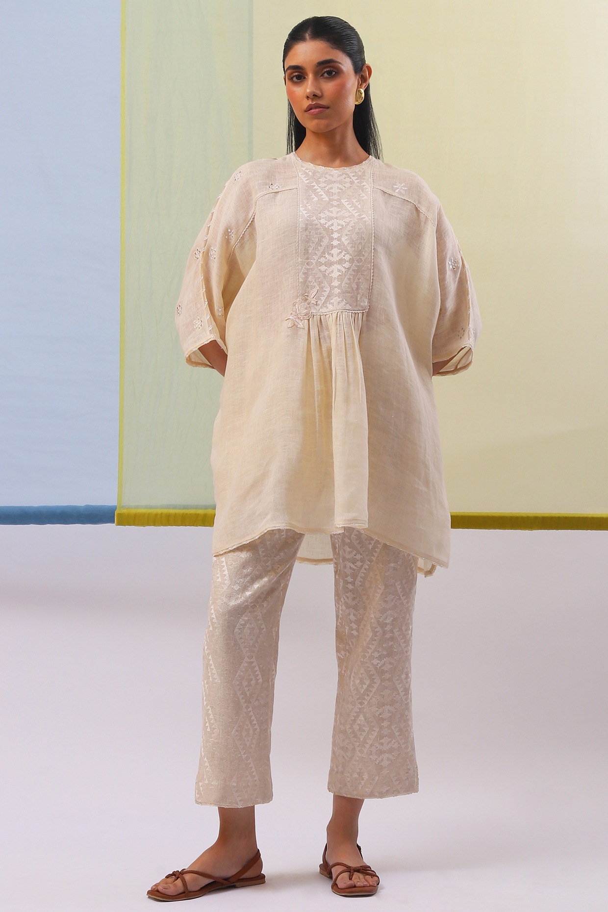 Beige Pure Linen Embroidered Co-Ord Set by Sue Mue at Pernia's Pop Up ...