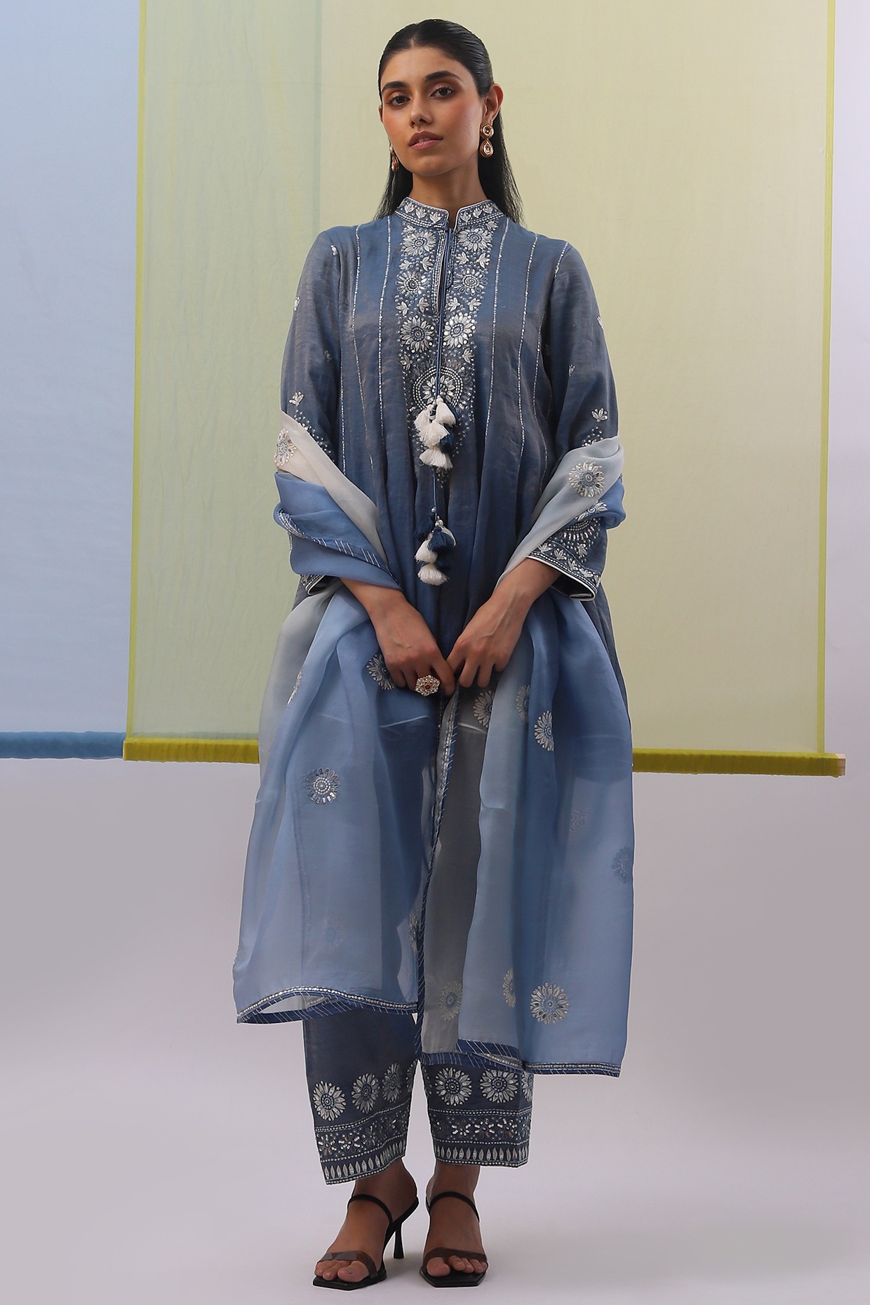 Blue Handwoven Cotton Tissue Silk Thread Embroidered Anarkali Set by ...