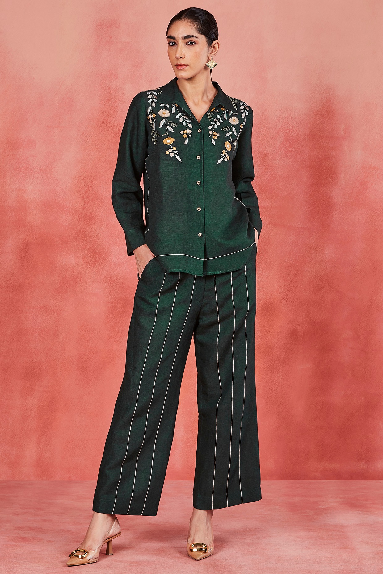 Bottle Green Pure Linen Floral Thread Embroidered Co-Ord Set by Sue Mue ...
