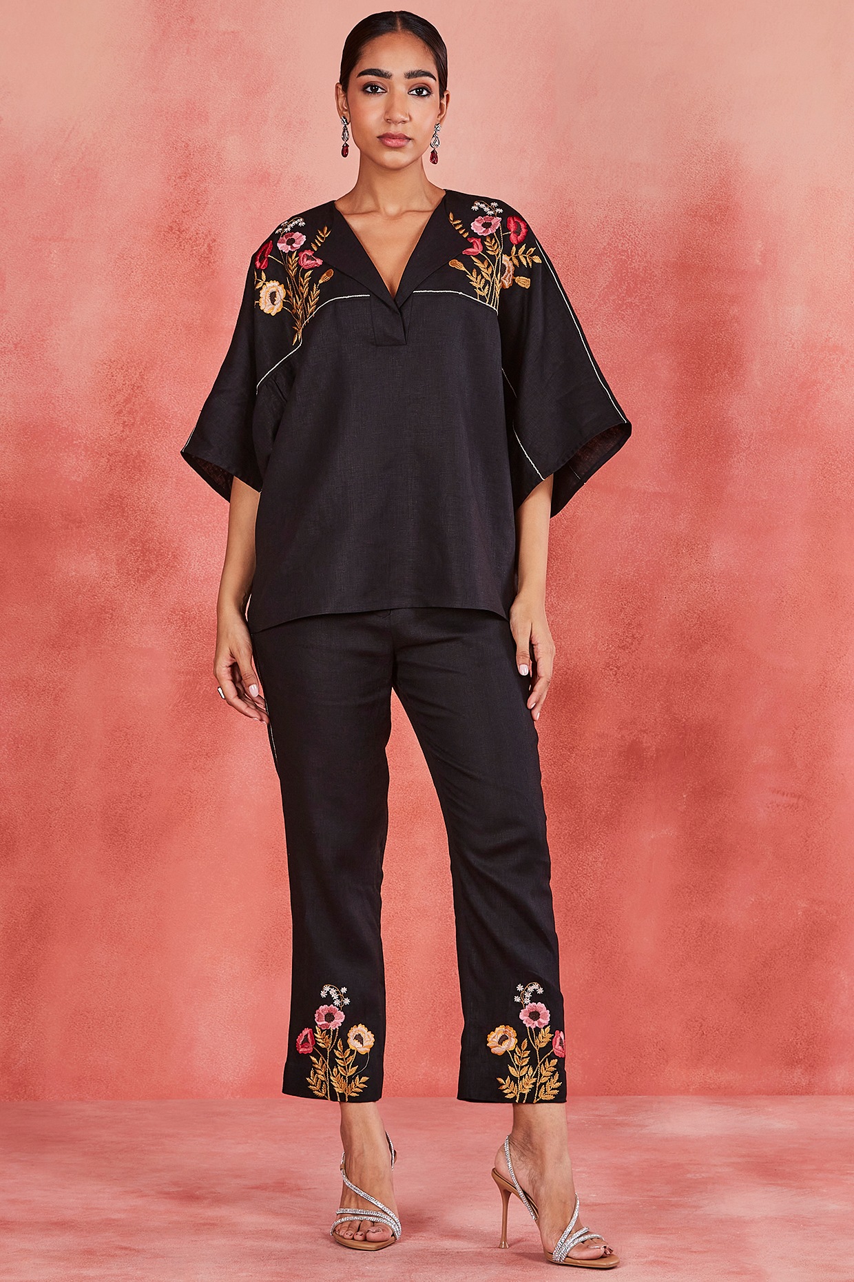 Black Pure Linen Floral Motif Embroidered Co-Ord Set by Sue Mue at ...