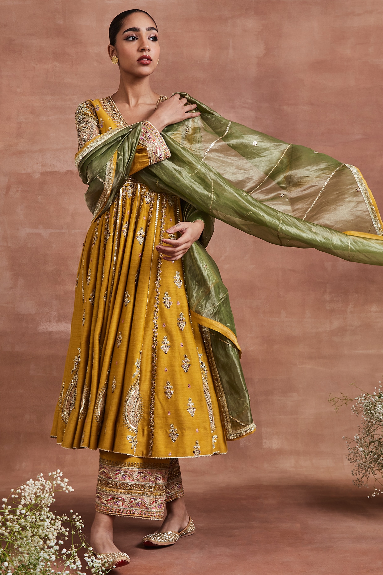Mustard Yellow Moonga Silk Hand Embroidered Angrakha Anarkali Set by ...