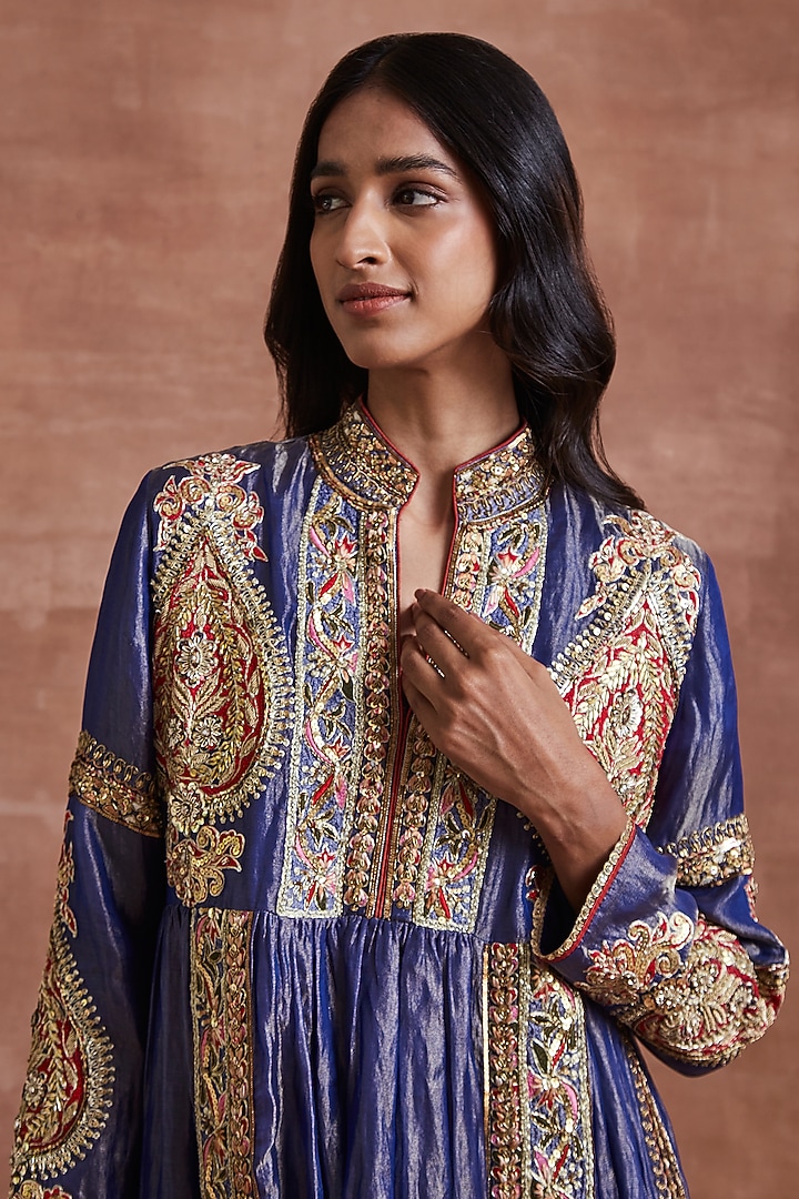 Royal Blue Handwoven Silk Tissue Applique Motif Embellished Kurta Set ...