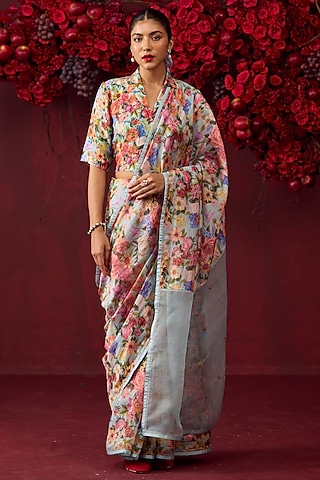 Ice Blue Handwoven Organza Mulberry Silk Floral Printed Party Wear ...