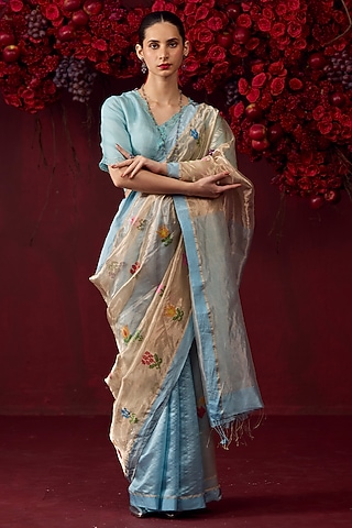 Ice Blue Handwoven Organza Mulberry Silk Jamdani Motifs Wedding Saree ...