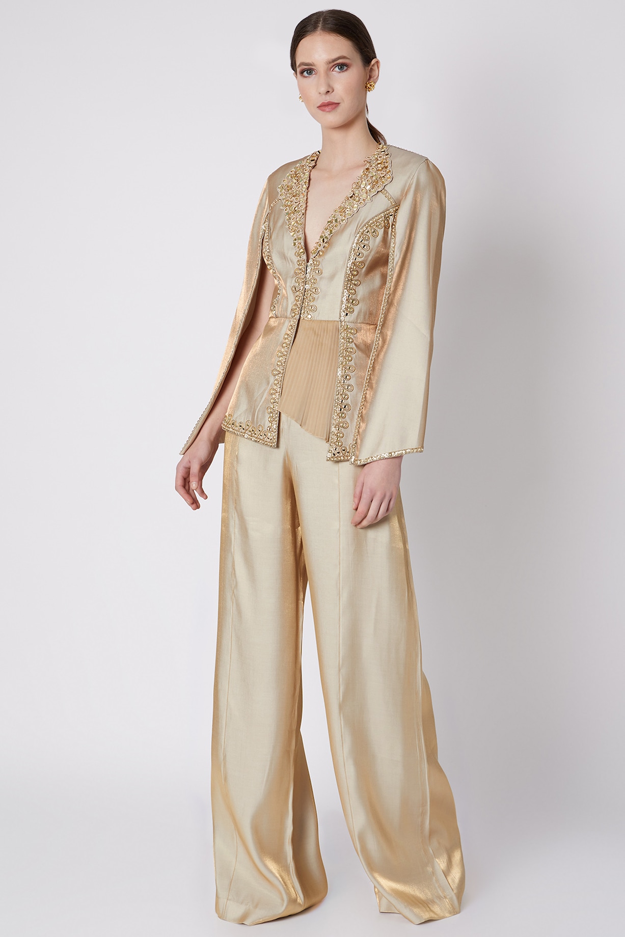 Gold Embroidered Jacket With Flared Pants by Supria Munjal at Pernia's ...