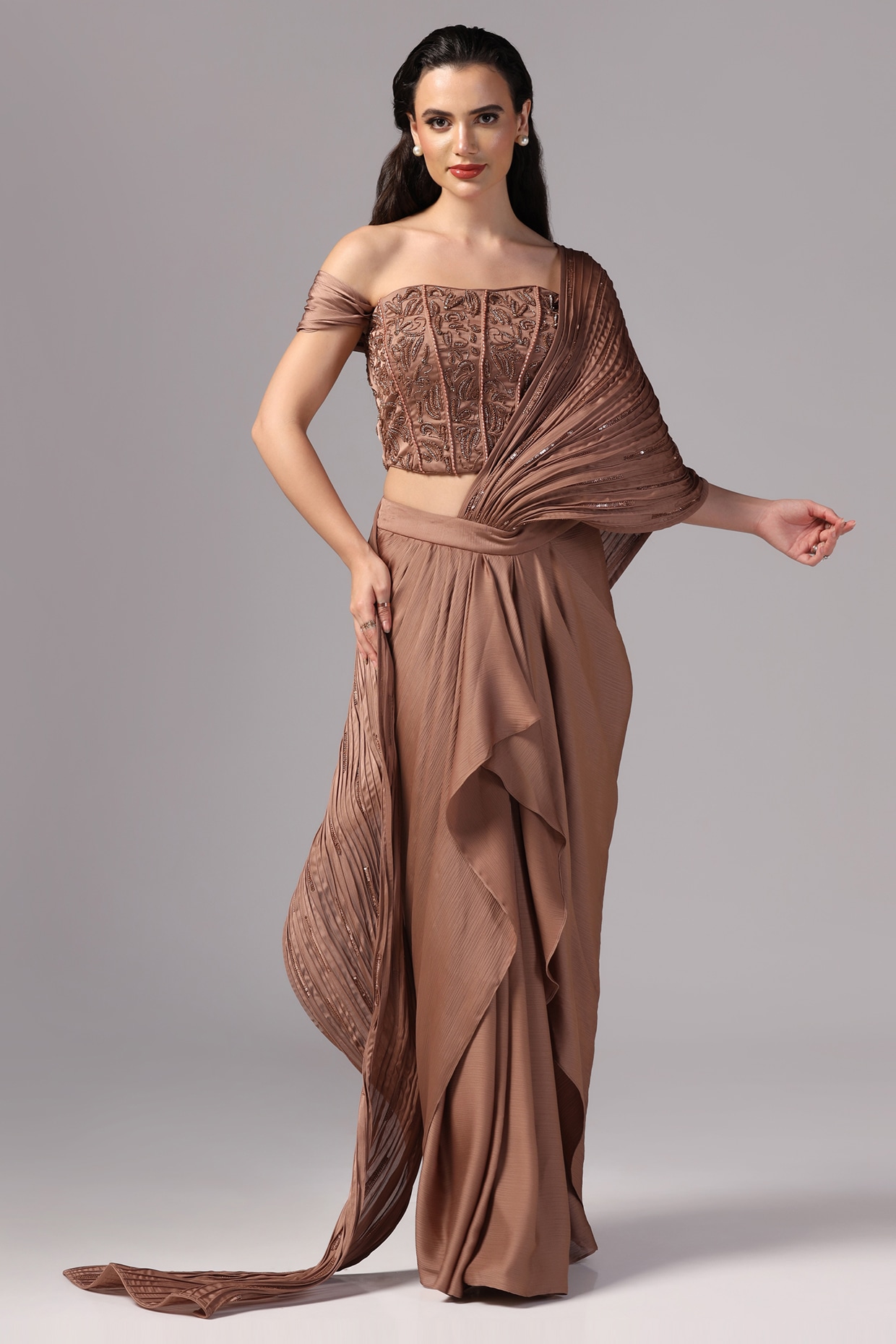 Brown Chiffon Satin Cutdana Embroidered Pre-Draped Saree Set by Sunanta Madaan at Pernia's Pop ...