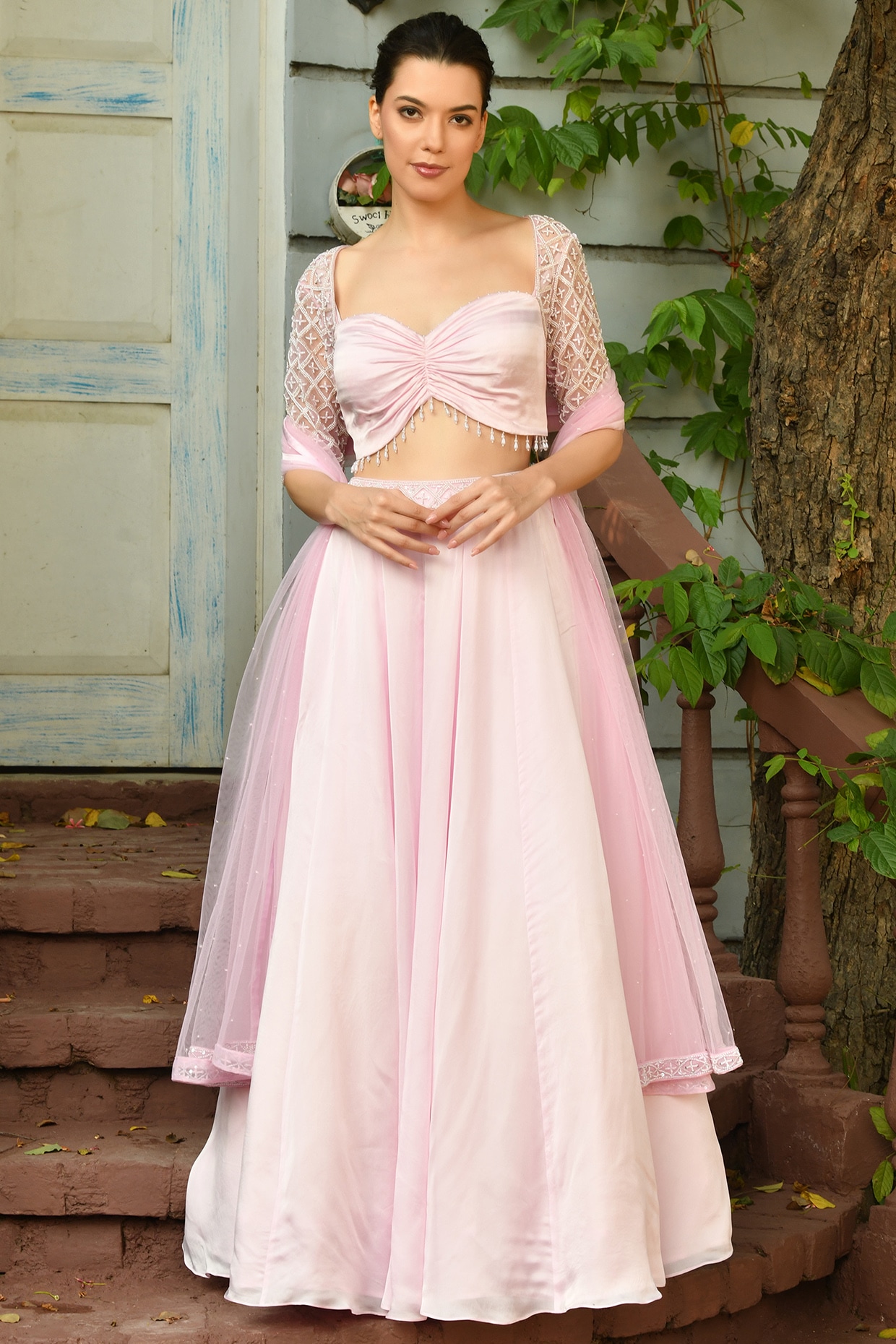 Pink Satin Organza & Silk Crepe Pearl Embroidered Wedding Lehenga Set by Sunanta Madaan at ...