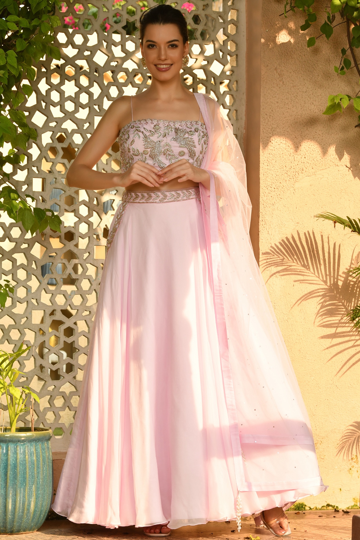 Pink Satin Organza & Silk Crepe Nakshi Embroidered Wedding Lehenga Set by Sunanta Madaan at ...