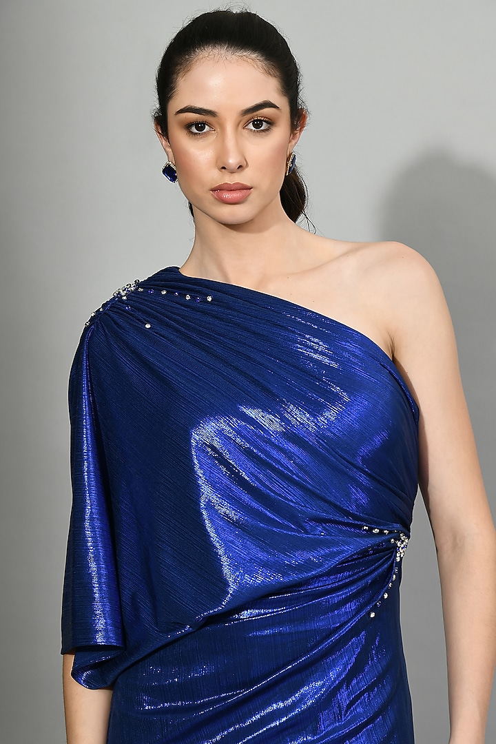 Blue Metallic Lycra Embroidered Long Tail Draped Gown by Sunanta Madaan at Pernia's Pop Up Shop 2025