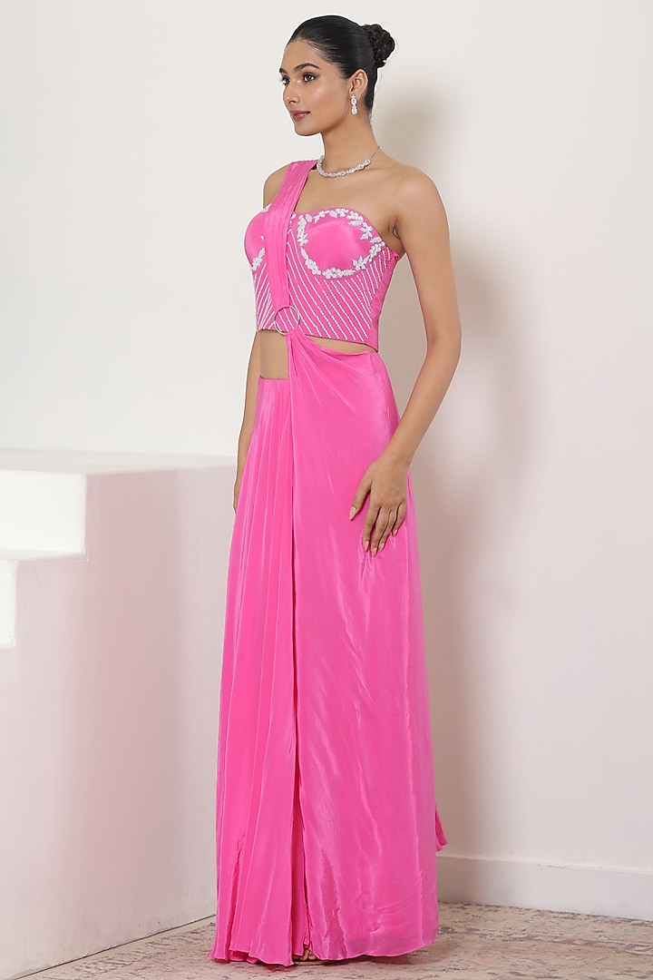 Hot Pink Crepe Hand Embroidered Draped Wedding Saree Set by Sunanta Madaan at Pernia's Pop Up ...