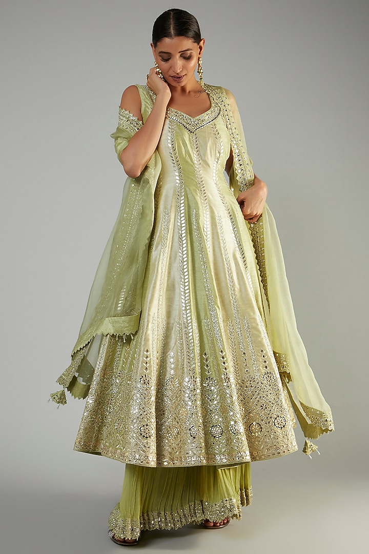 Green Slub Silk Embroidered Anarkali Set by Suhino at Pernia's Pop Up ...